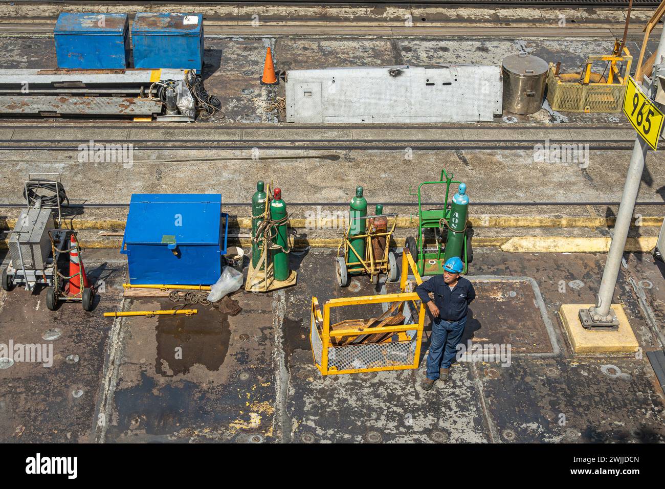 Panama Canal, Panama - July 24, 2023: Closeup, blue helmet Worker with ...