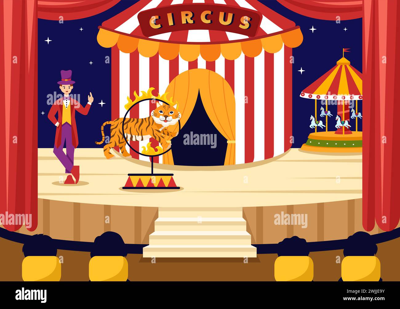 Circus Vector Illustration with Show of Gymnast, Magician, Animal Lion ...