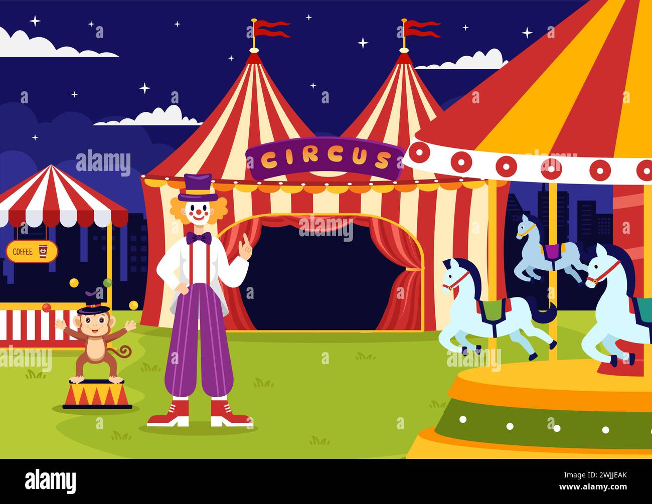 Circus Vector Illustration with Show of Gymnast, Magician, Animal Lion ...