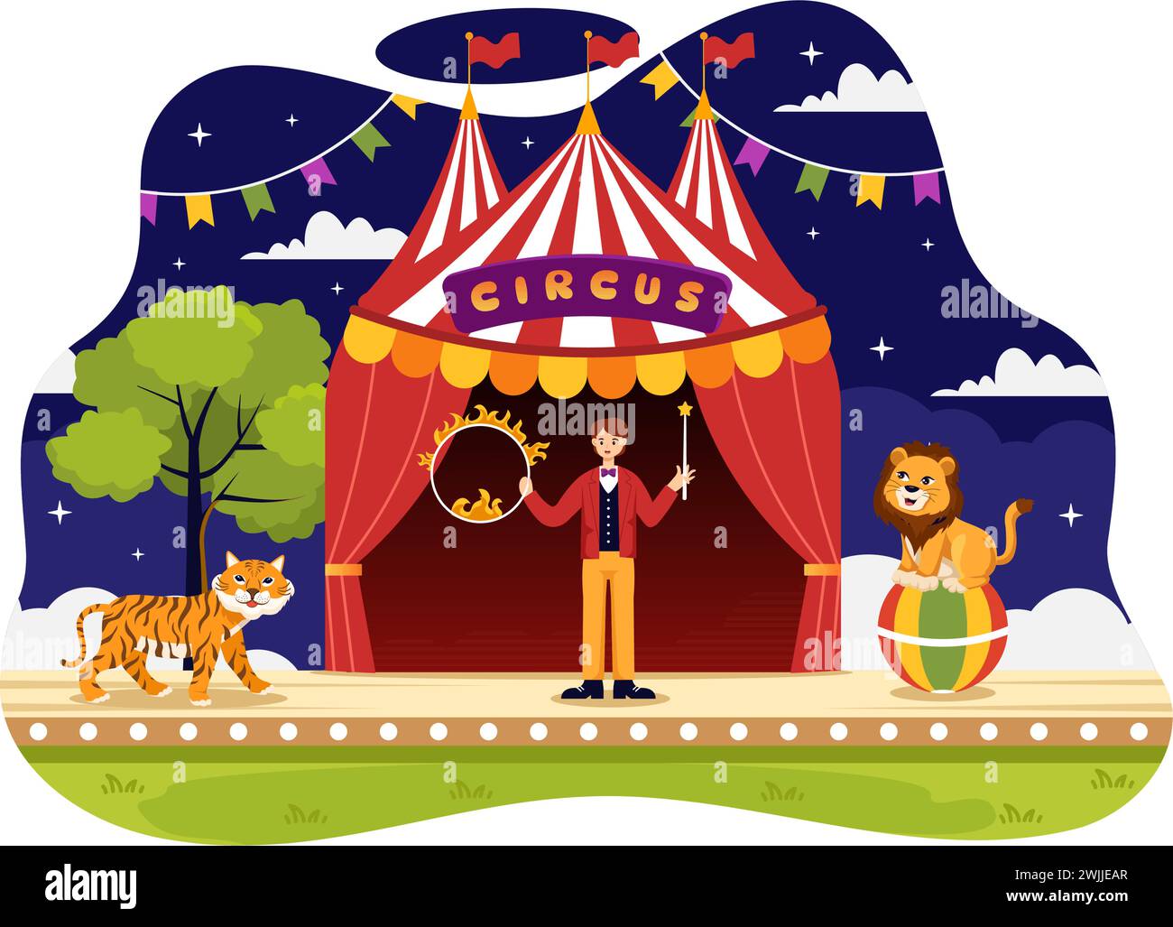 Circus Vector Illustration with Show of Gymnast, Magician, Animal Lion ...