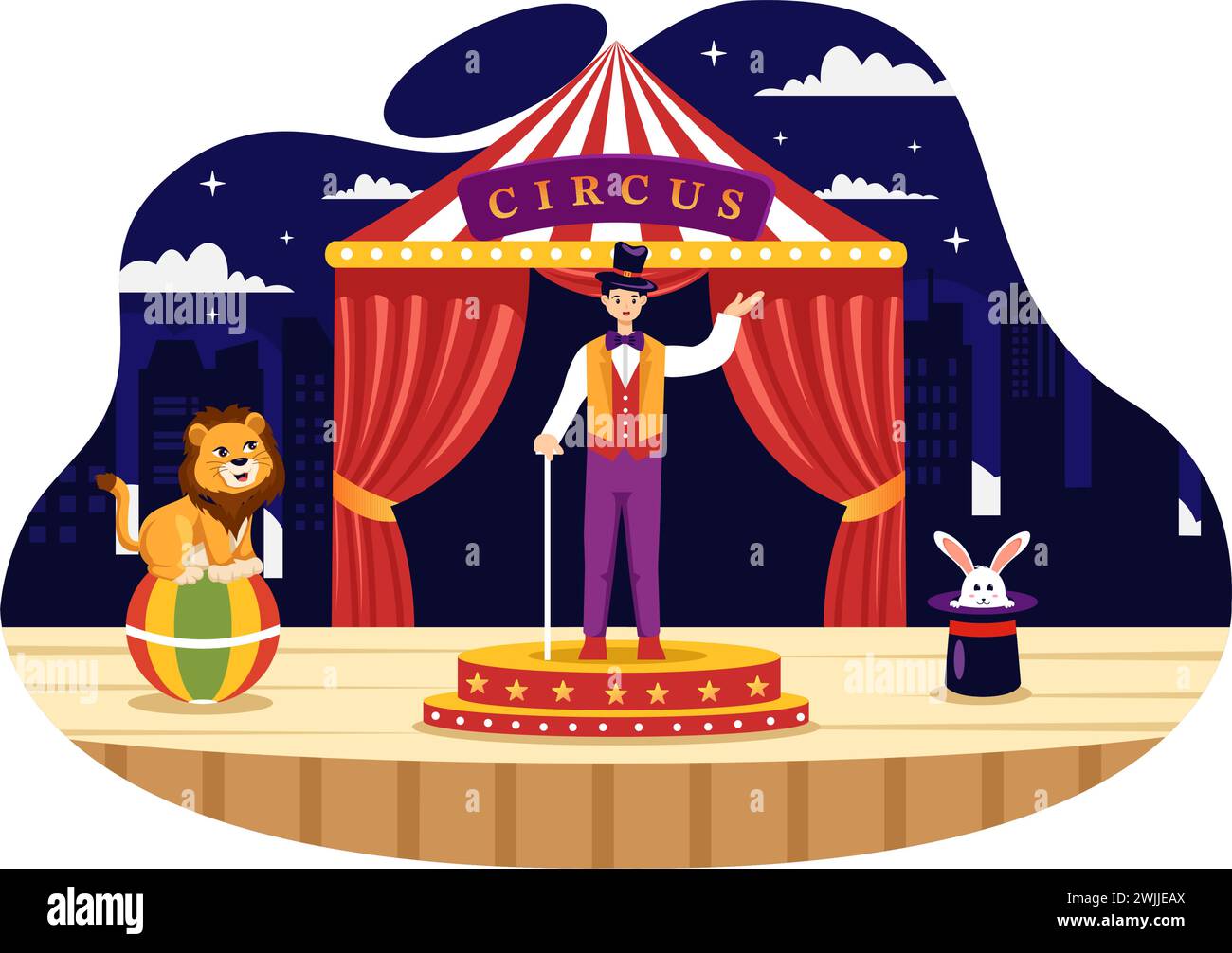 Circus Vector Illustration with Show of Gymnast, Magician, Animal Lion ...