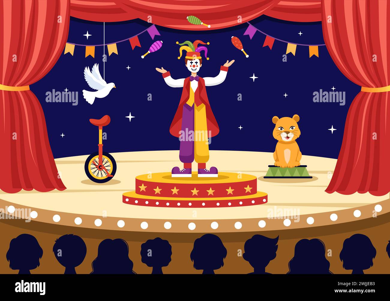Circus Vector Illustration with Show of Gymnast, Magician, Animal Lion ...