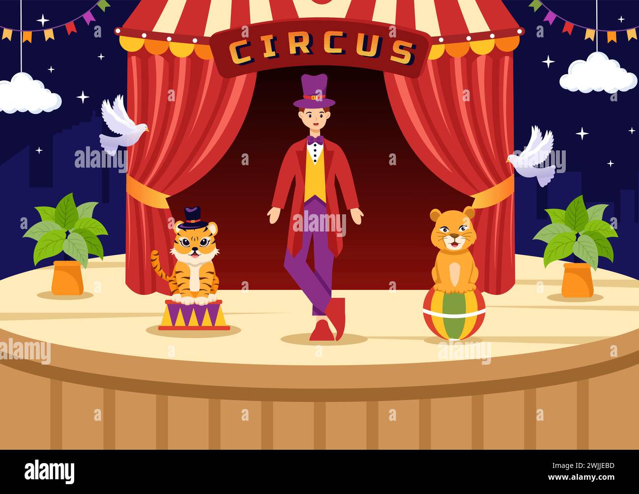 Circus Vector Illustration with Show of Gymnast, Magician, Animal Lion ...