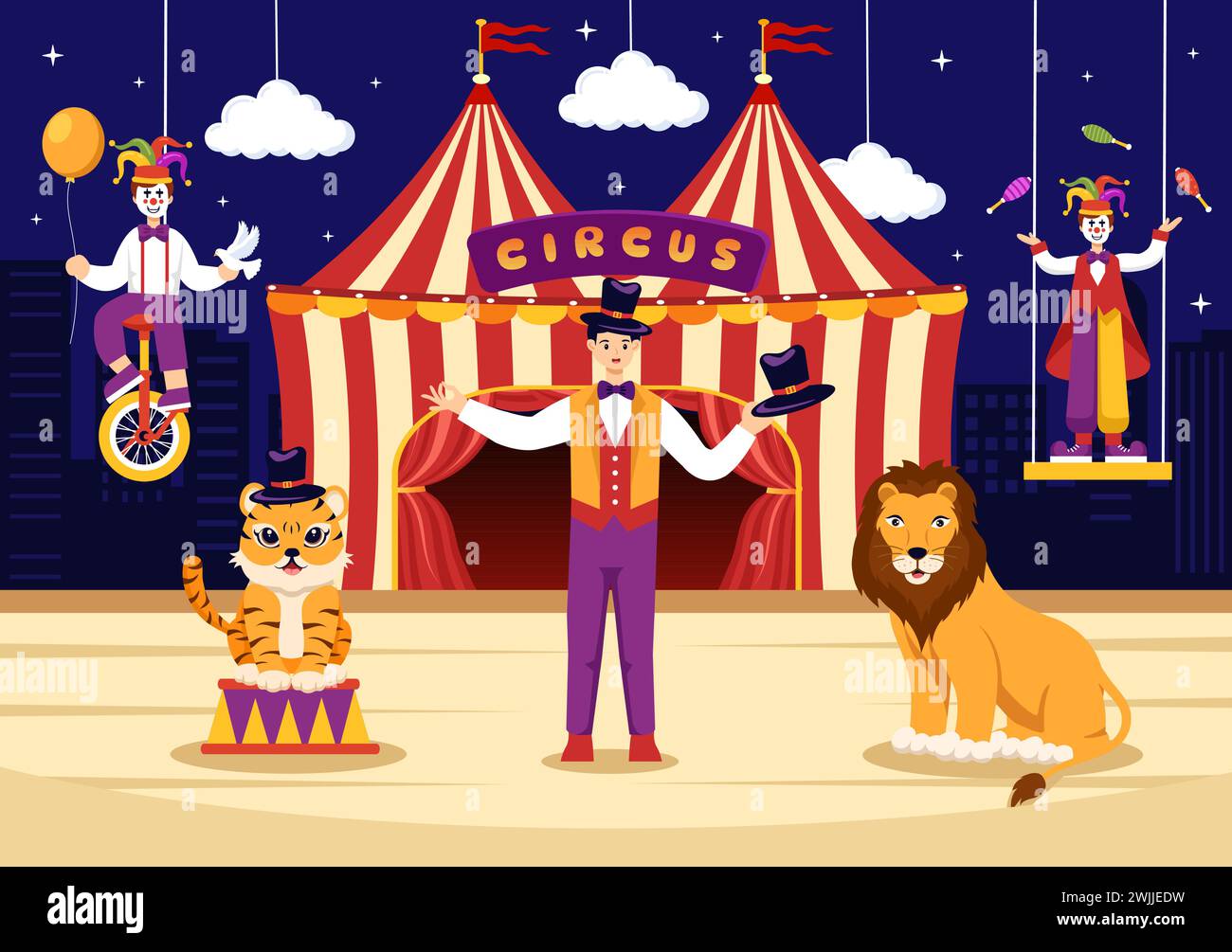 Circus Vector Illustration with Show of Gymnast, Magician, Animal Lion ...