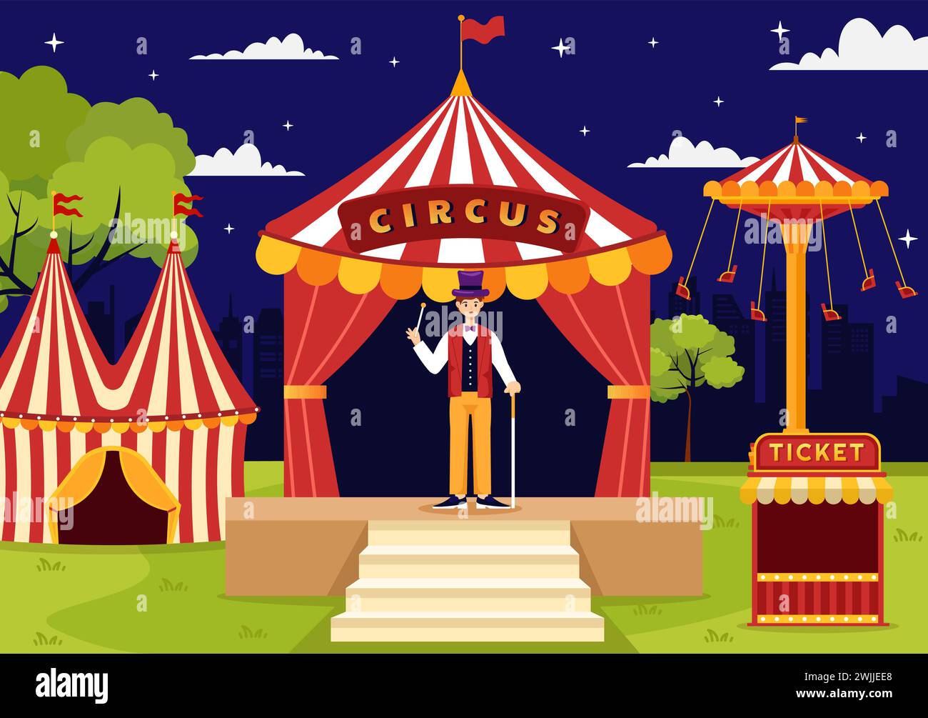 Circus Vector Illustration with Show of Gymnast, Magician, Animal Lion ...