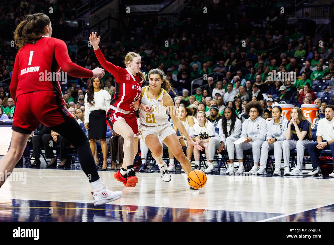 South Bend, Indiana, USA. 15th Feb, 2024. Notre Dame forward Maddy Westbeld (21) drives to the ...