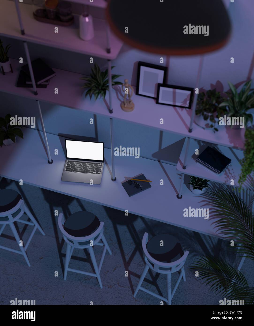 Top view of a modern dark cafe co-working space seating area at night ...