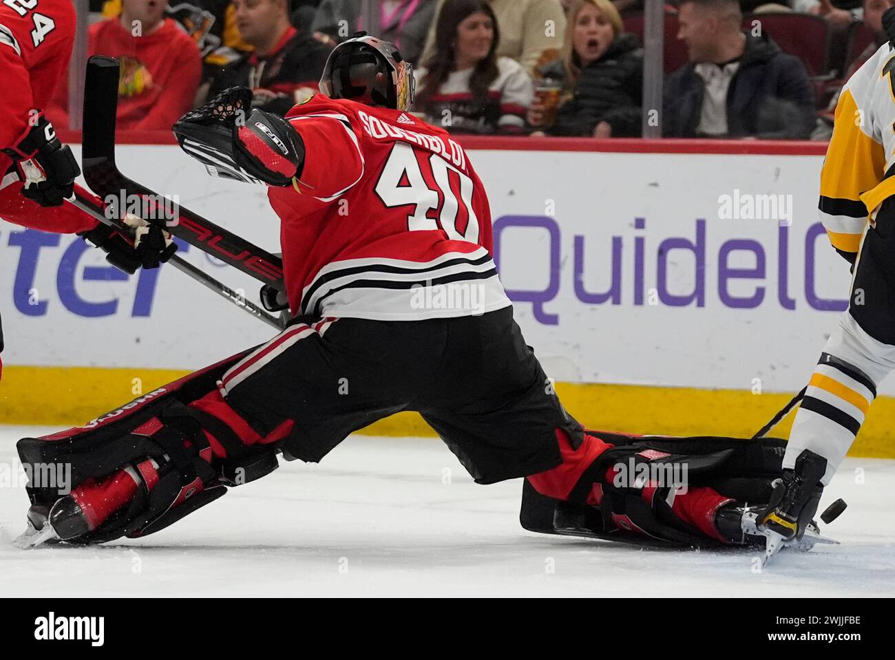 Chicago Blackhawks goaltender Arvid Soderblom makes a save during the first period of the team's ...