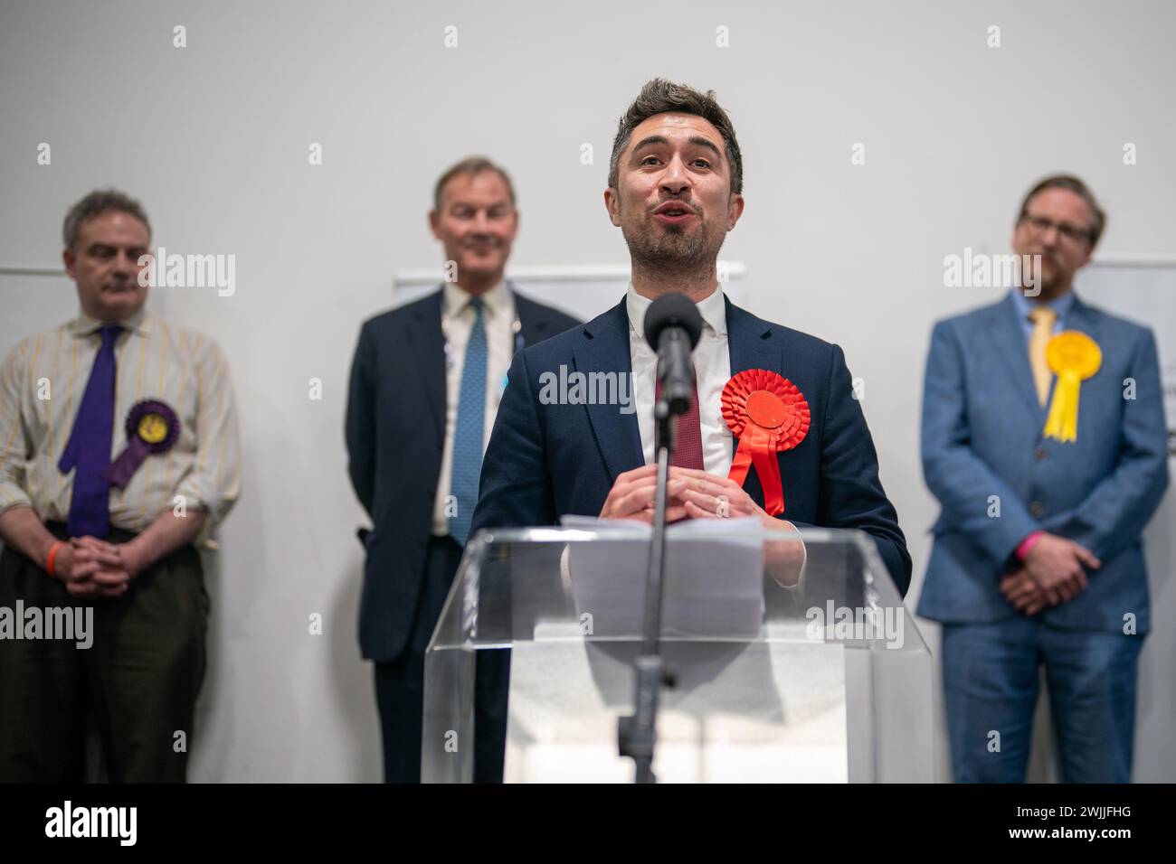 Labour candidate Damien Egan gives a speech after being declared MP for ...