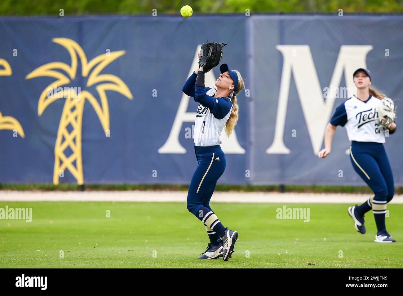Georgia Tech outfielder Ella Edgmon catches a ball for an out against ...