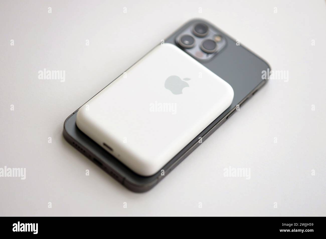 KYIV, UKRAINE - OCTOBER 31, 2023 Apple MagSafe battery device for ...