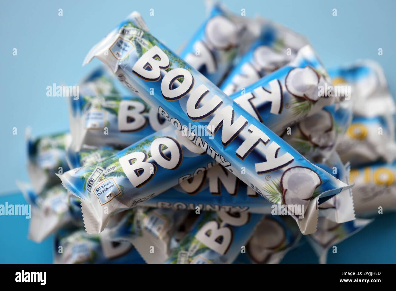 KYIV, UKRAINE - OCTOBER 31, 2023 Bounty chocolate bars with cocoa ...