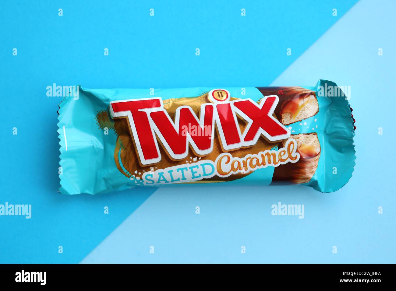 TERNOPIL, UKRAINE - JULY 7, 2023 Twix salted caramel blue wrapper on ...
