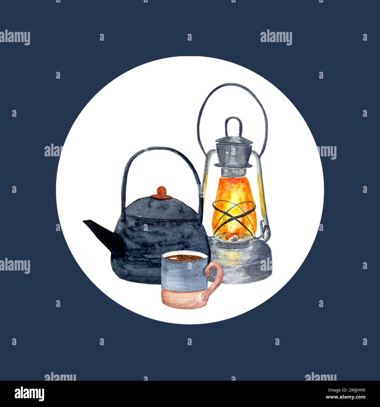 Watercolor hand drawn art of a teapot, cup, and lantern logo Stock ...