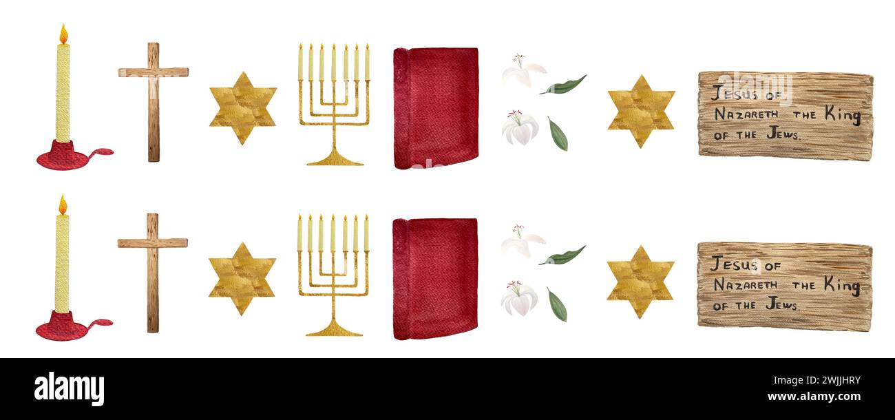 A variety of religious symbols including a menorah, cross, candle, and ...