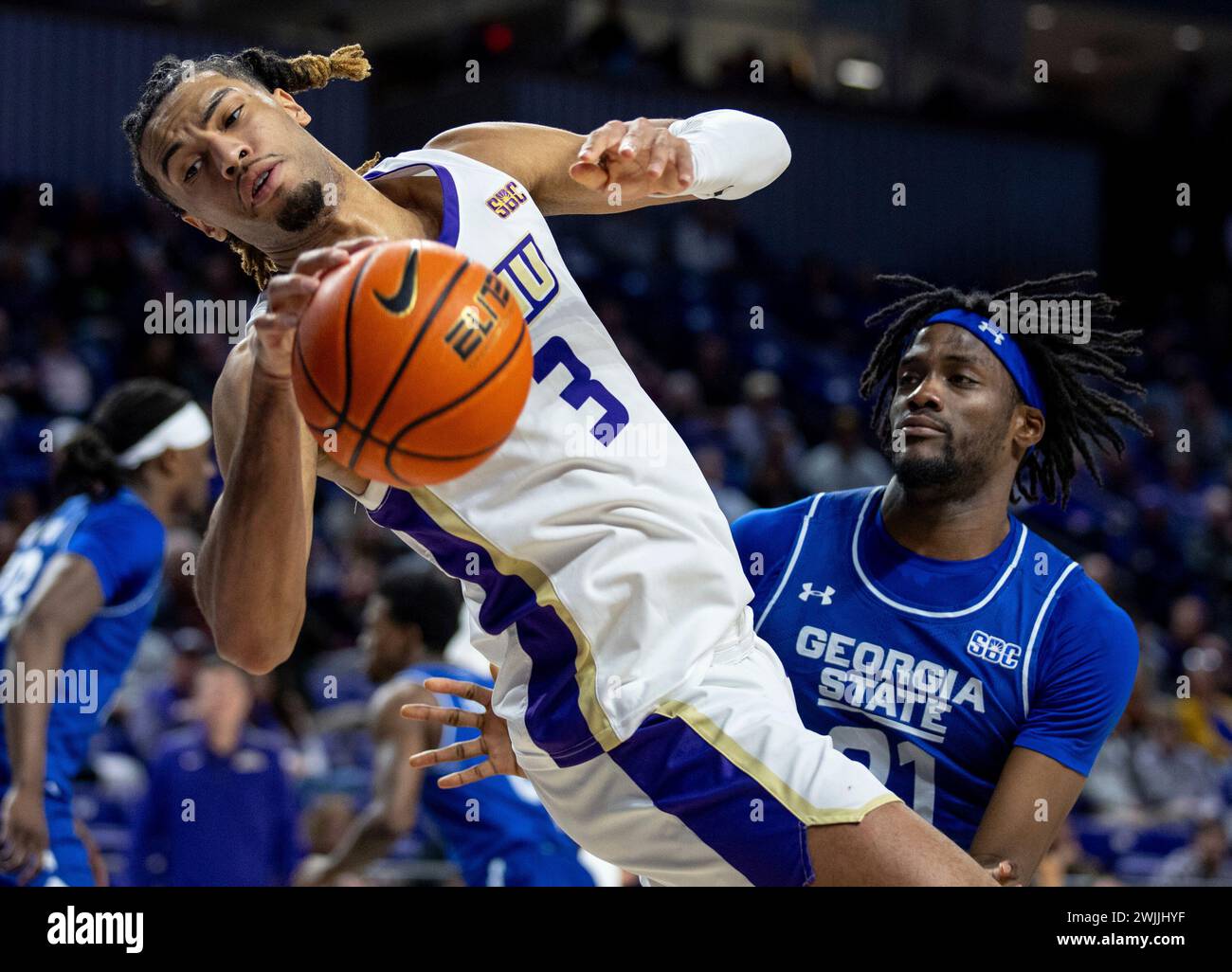 James Madison forward T.J. Bickerstaff (3) is fouled by Georgia State ...