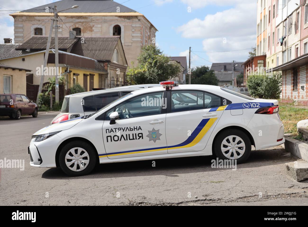 TERNOPIL, UKRAINE - JULY 7, 2023 Ukrainian patrol police white car with ...