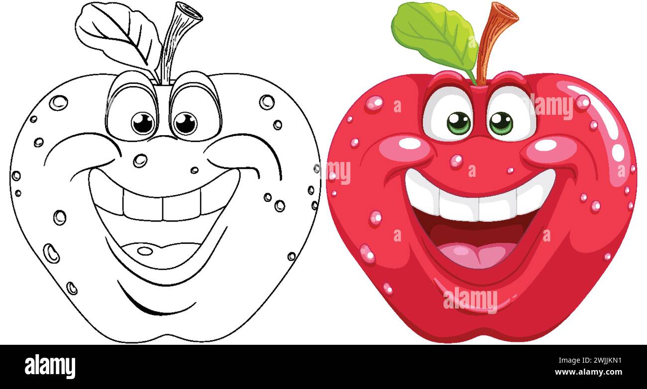 Black and white and colored smiling apple illustrations Stock Vector ...