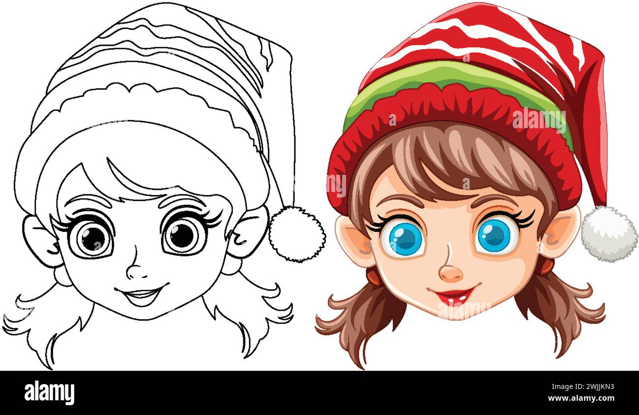 Vector illustration of an elf girl, colored and line art Stock Vector ...