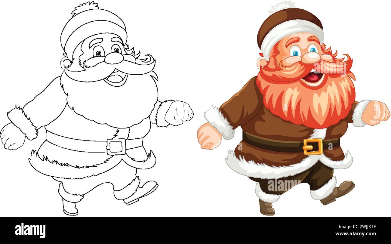 Black and white and colored Santa illustrations side by side Stock ...