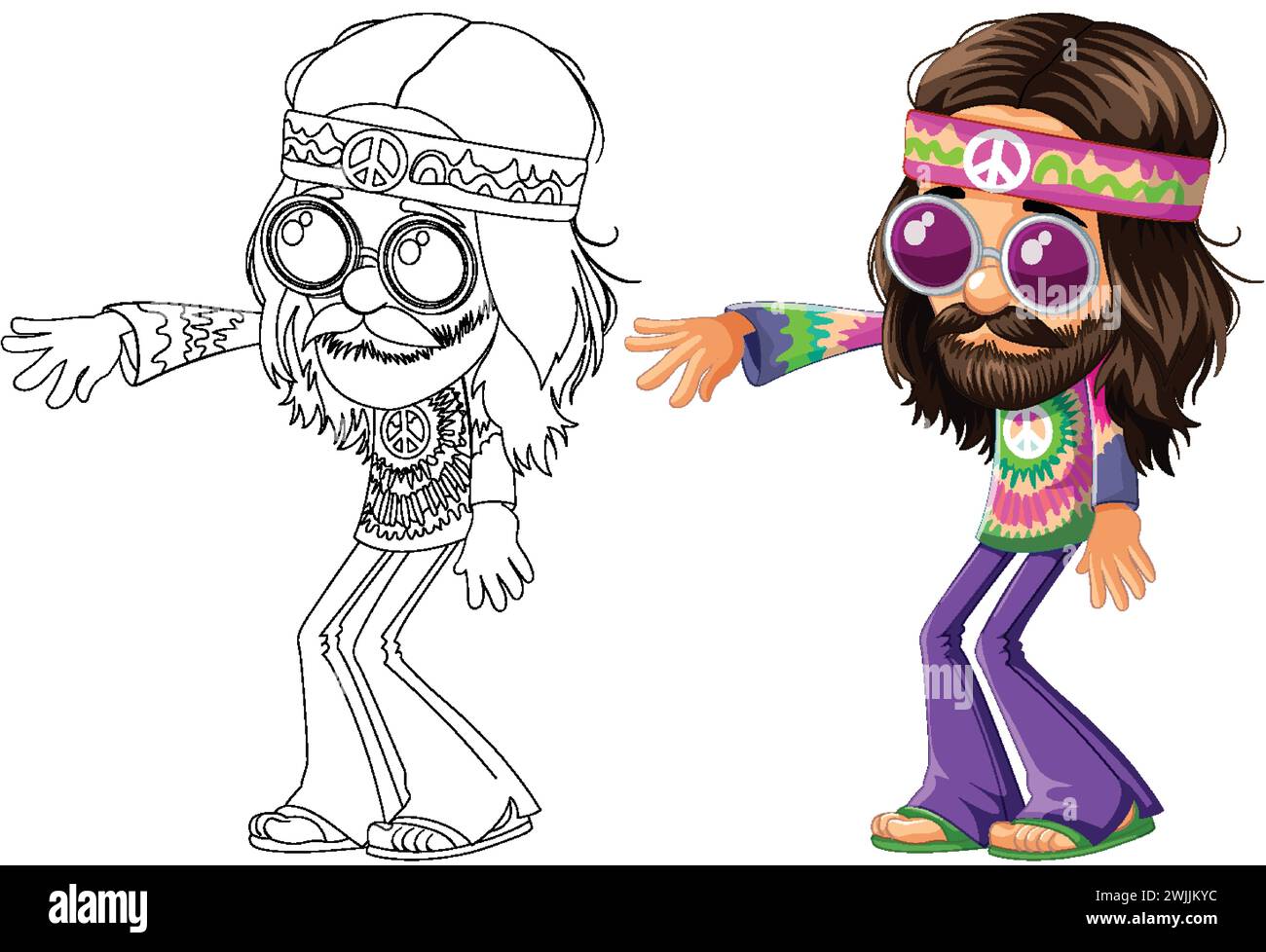 Colorful and black-and-white hippie characters side by side Stock ...