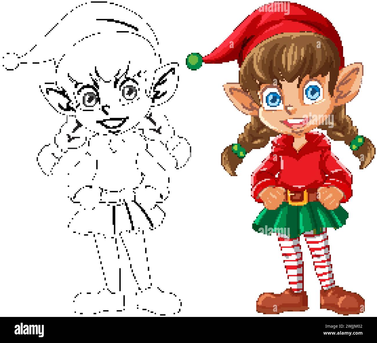 Black and white and colored Christmas elf illustrations Stock Vector ...