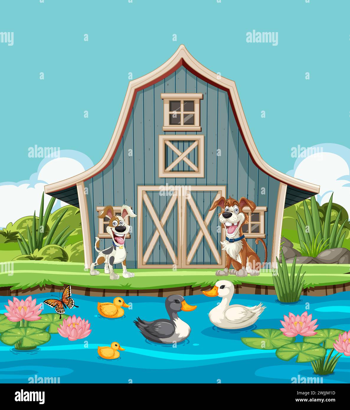 Cartoon animals by the barn and pond Stock Vector Image & Art - Alamy