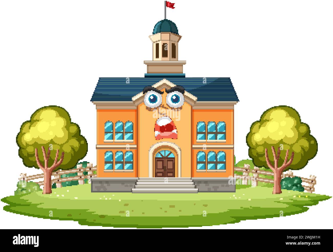 Animated school building with a surprised expression Stock Vector Image ...