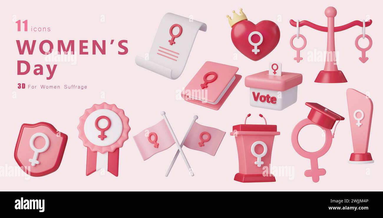 3d Women's suffrage icon set , For equality andwoman's Day, march 8 ...