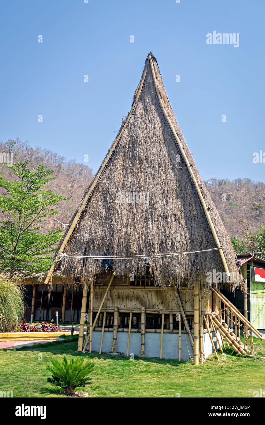 House made of natural bamboo tree in ecological park near Statue of ...