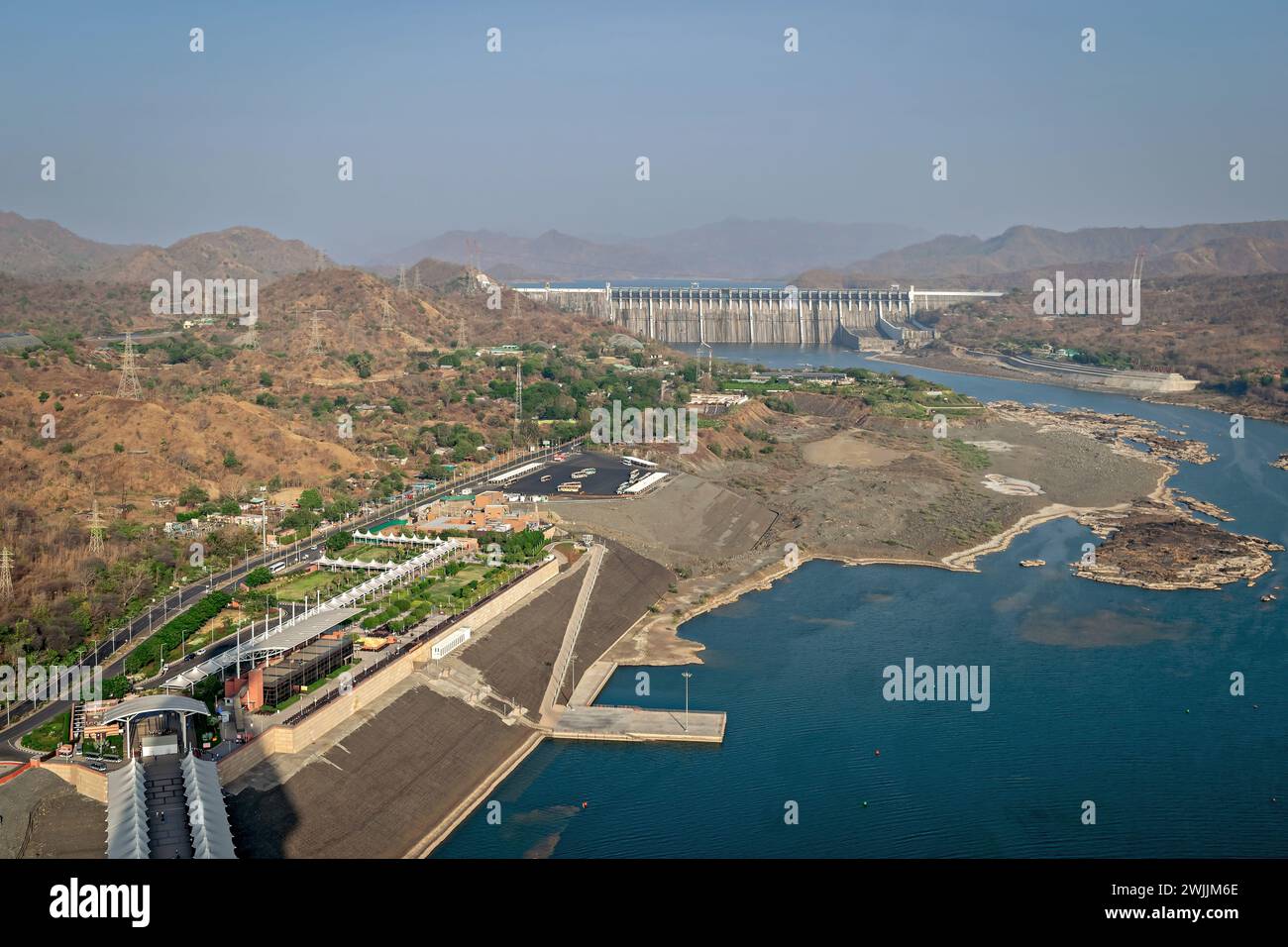 View of Sardar Sarovar Dam from top of the Statue of unity in Kevadiya ...