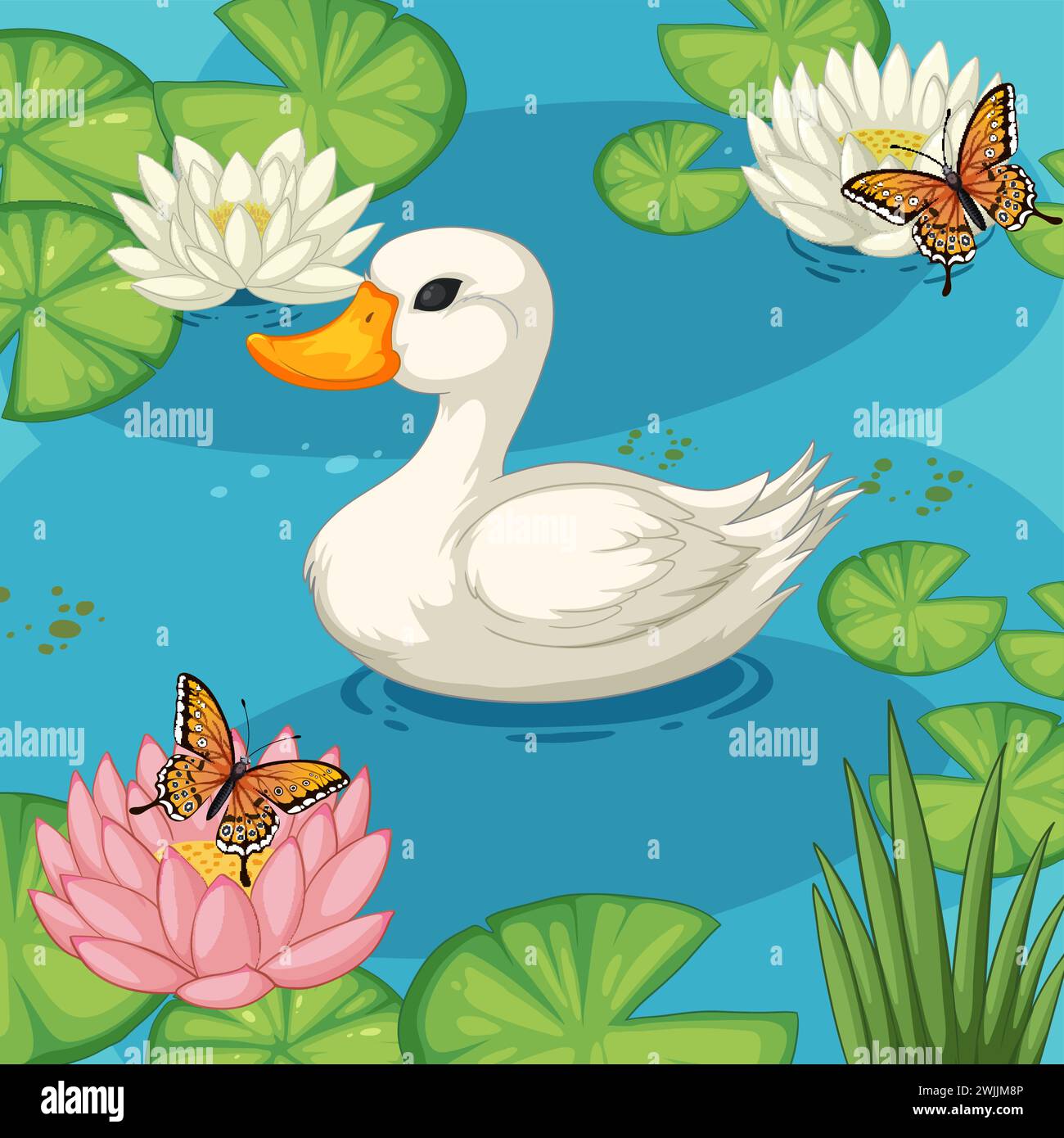 Duck floating among lilies with visiting butterflies Stock Vector Image ...