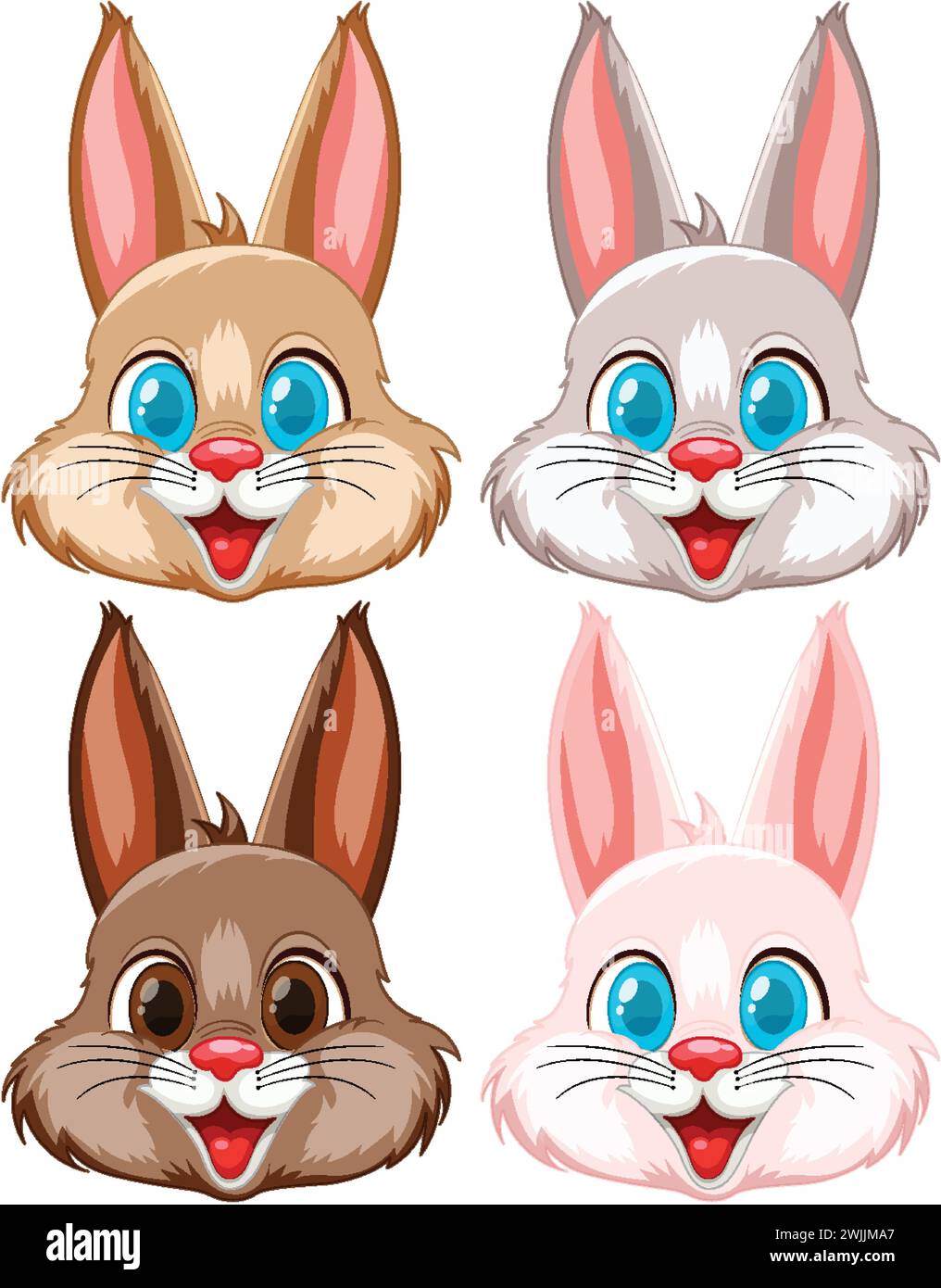 Four different cartoon rabbit faces with various expressions Stock ...