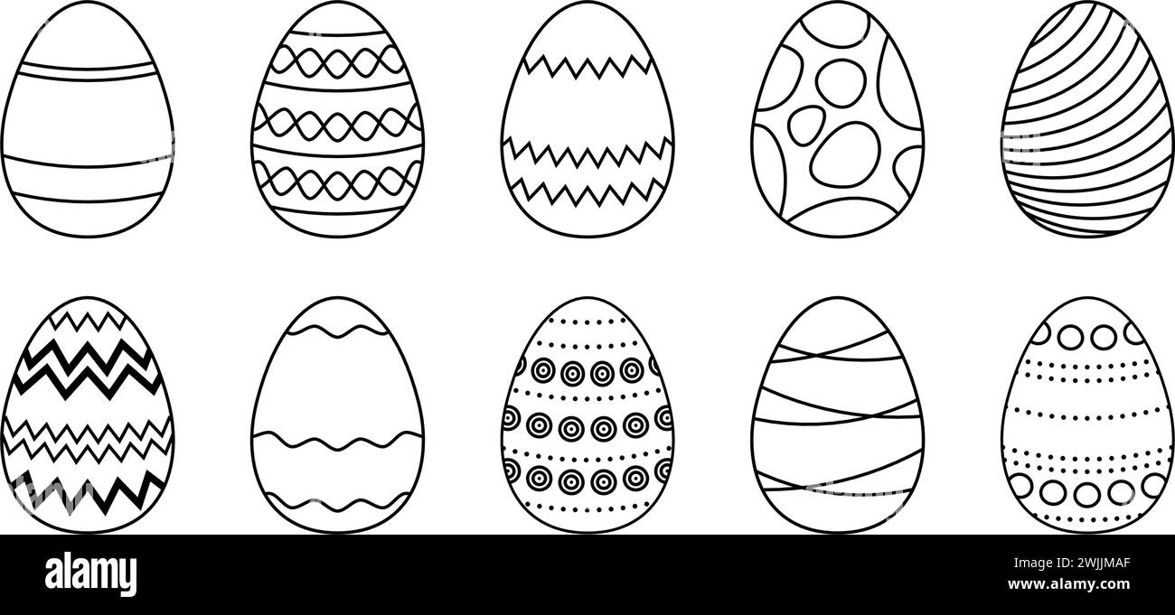 Black and white Easter eggs set. Spring linear egg icons with different ...