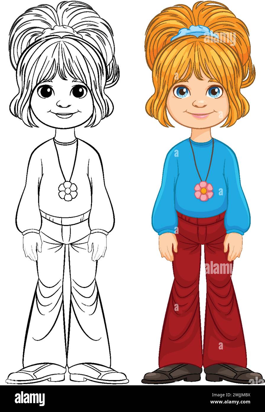 Vector illustration of girl, colored and line art Stock Vector Image ...
