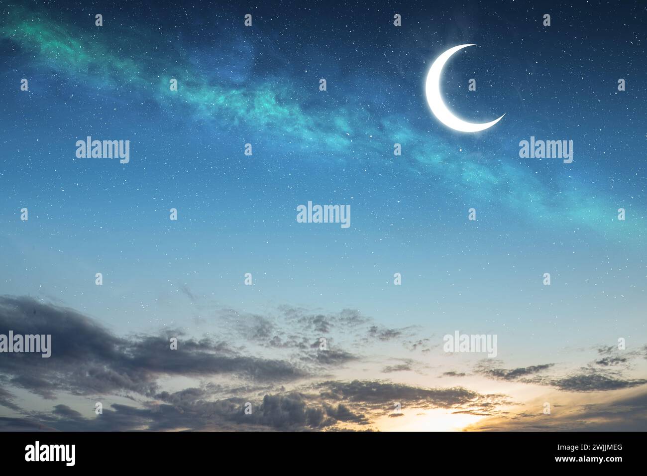 View of the crescent moon and starry sky in the night. Islamic ...
