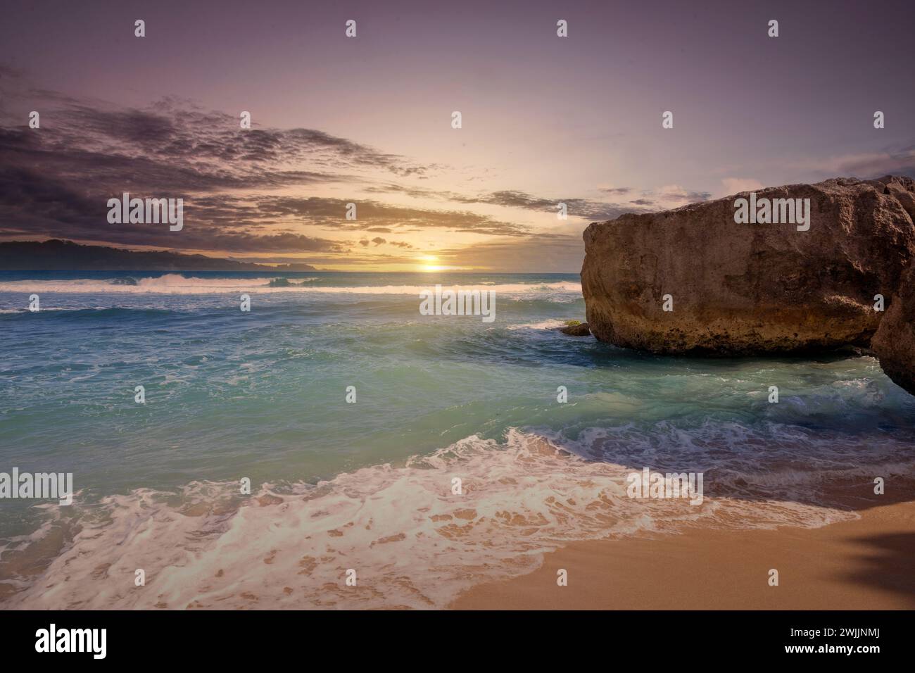 Sandy beach with the blue ocean and sunset scene background. Nature ...