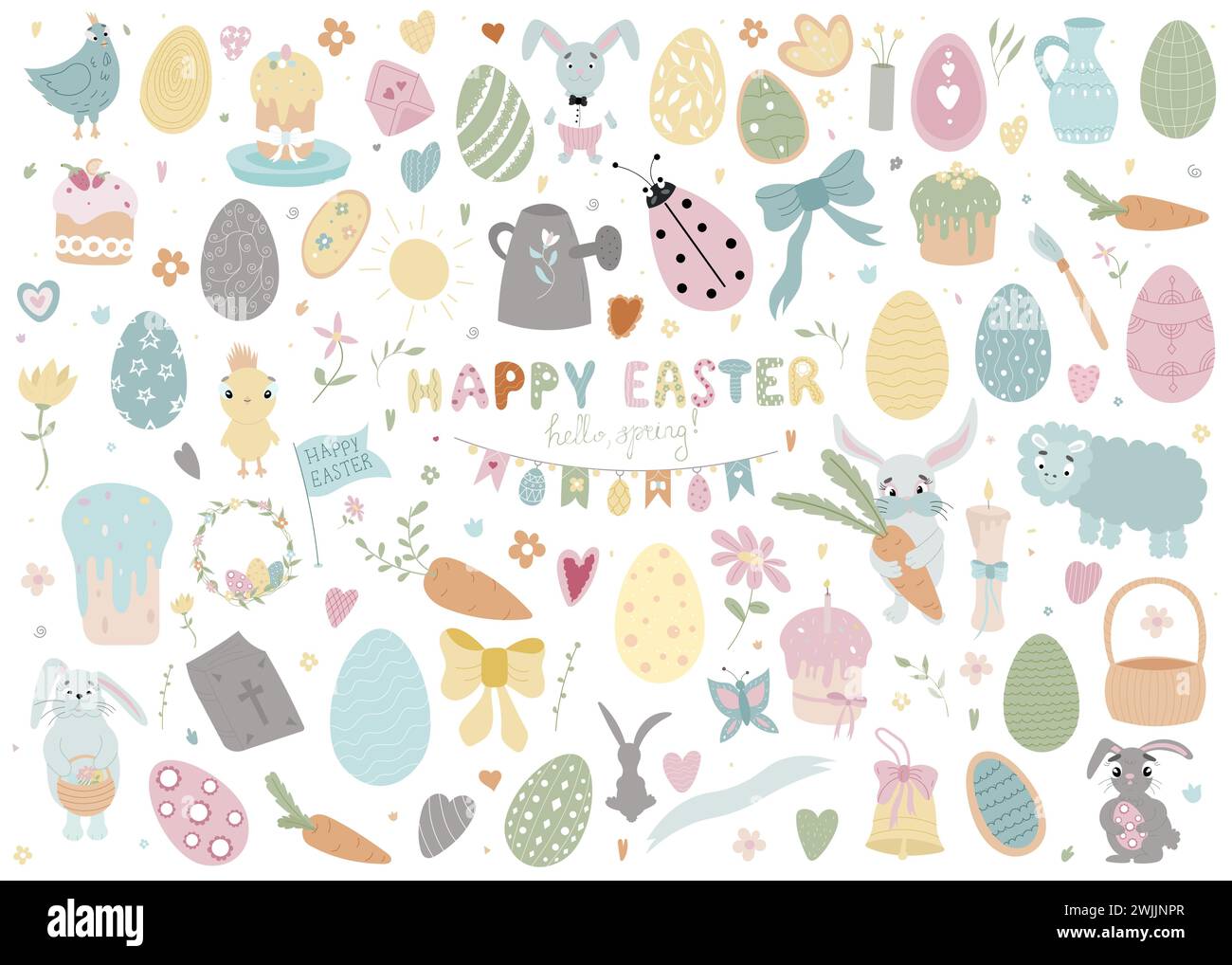 Happy Easter set. Easter bunny, butterflies, chick, eggs, branches and ...