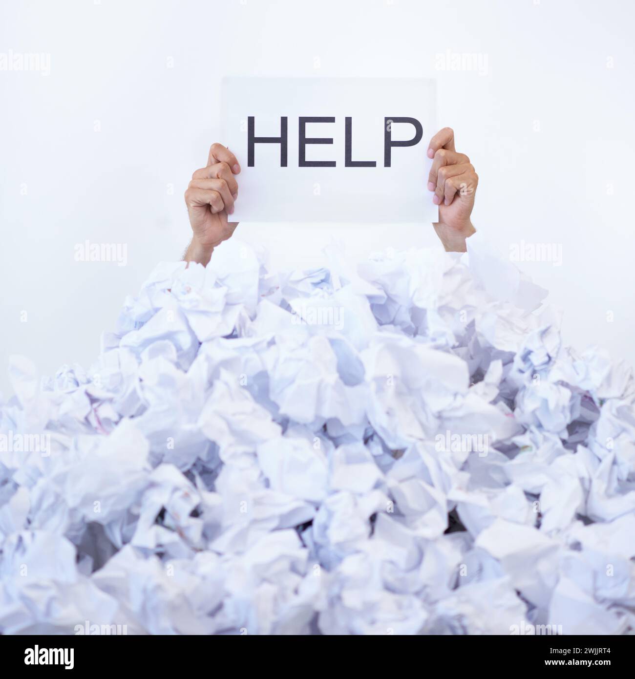 Person, office and hands with pile of documents, sign and help with ...