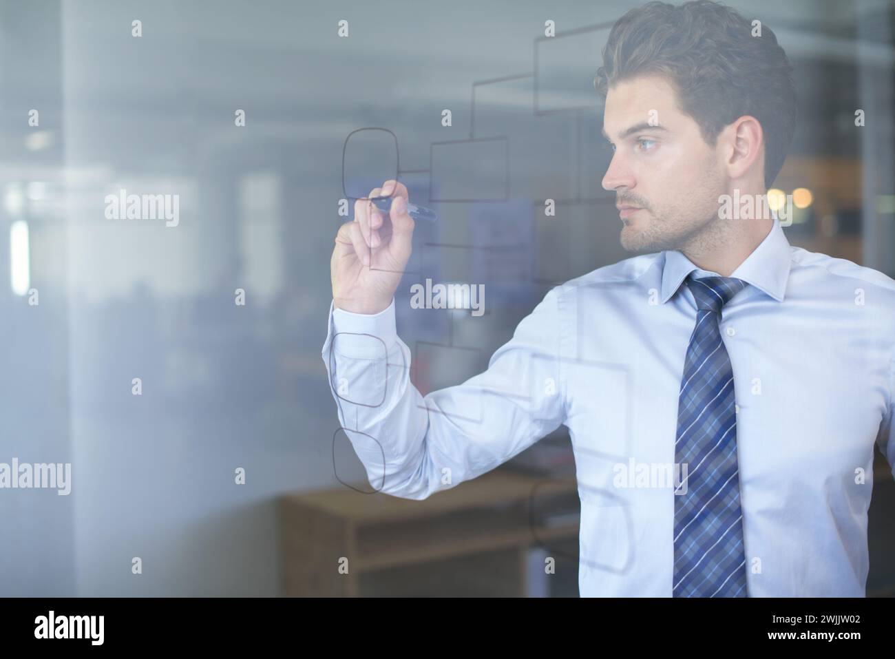 Glass wall, mindmap and businessman with drawing for brainstorming ...