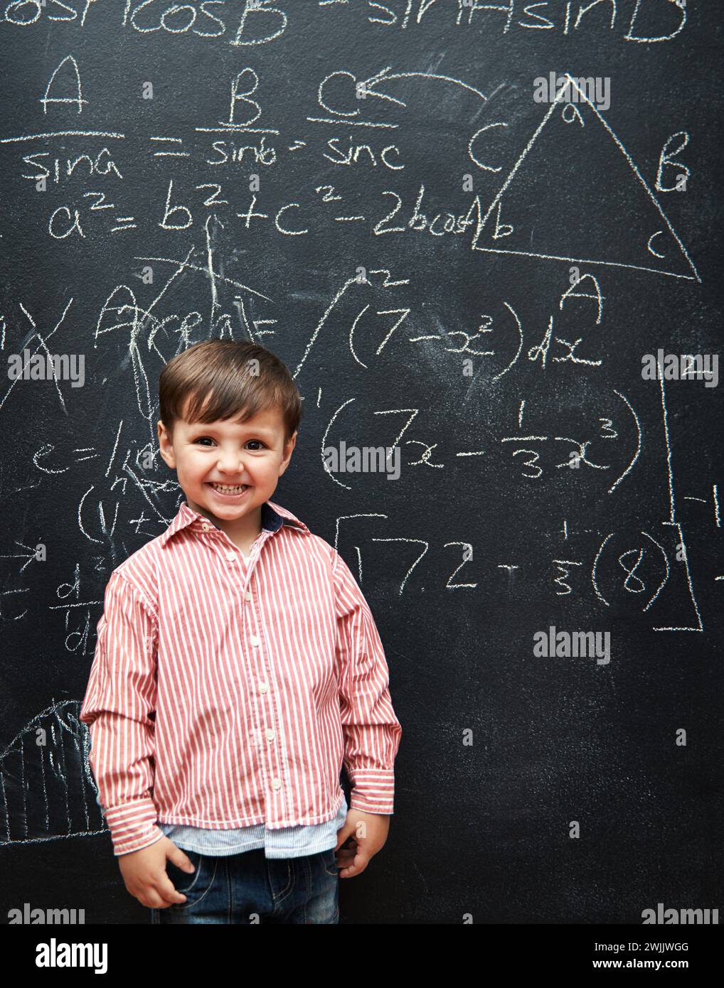 Smart, kid and math on chalkboard for school, learning and education ...