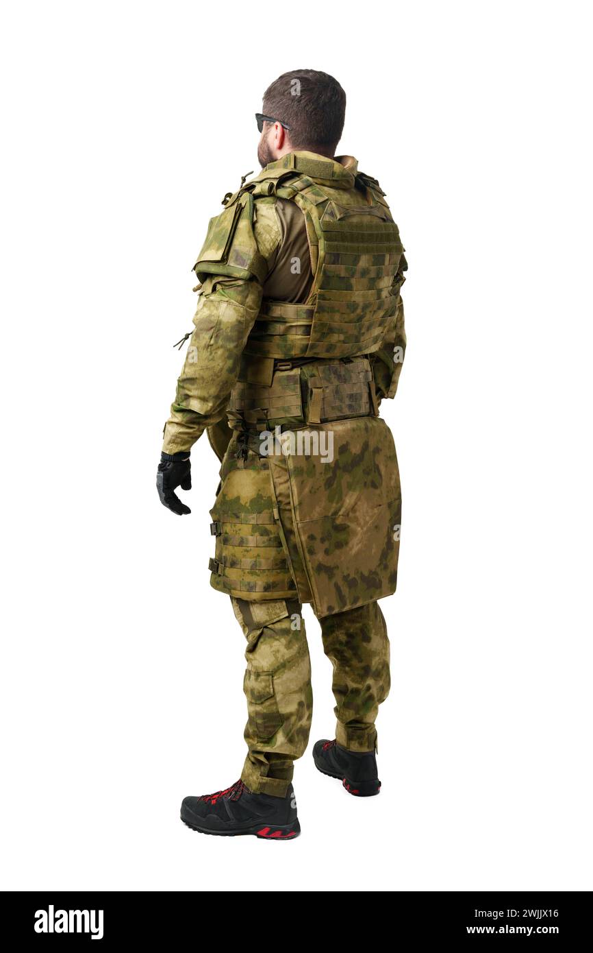 Back view of male soldier in military uniform isolated on white ...