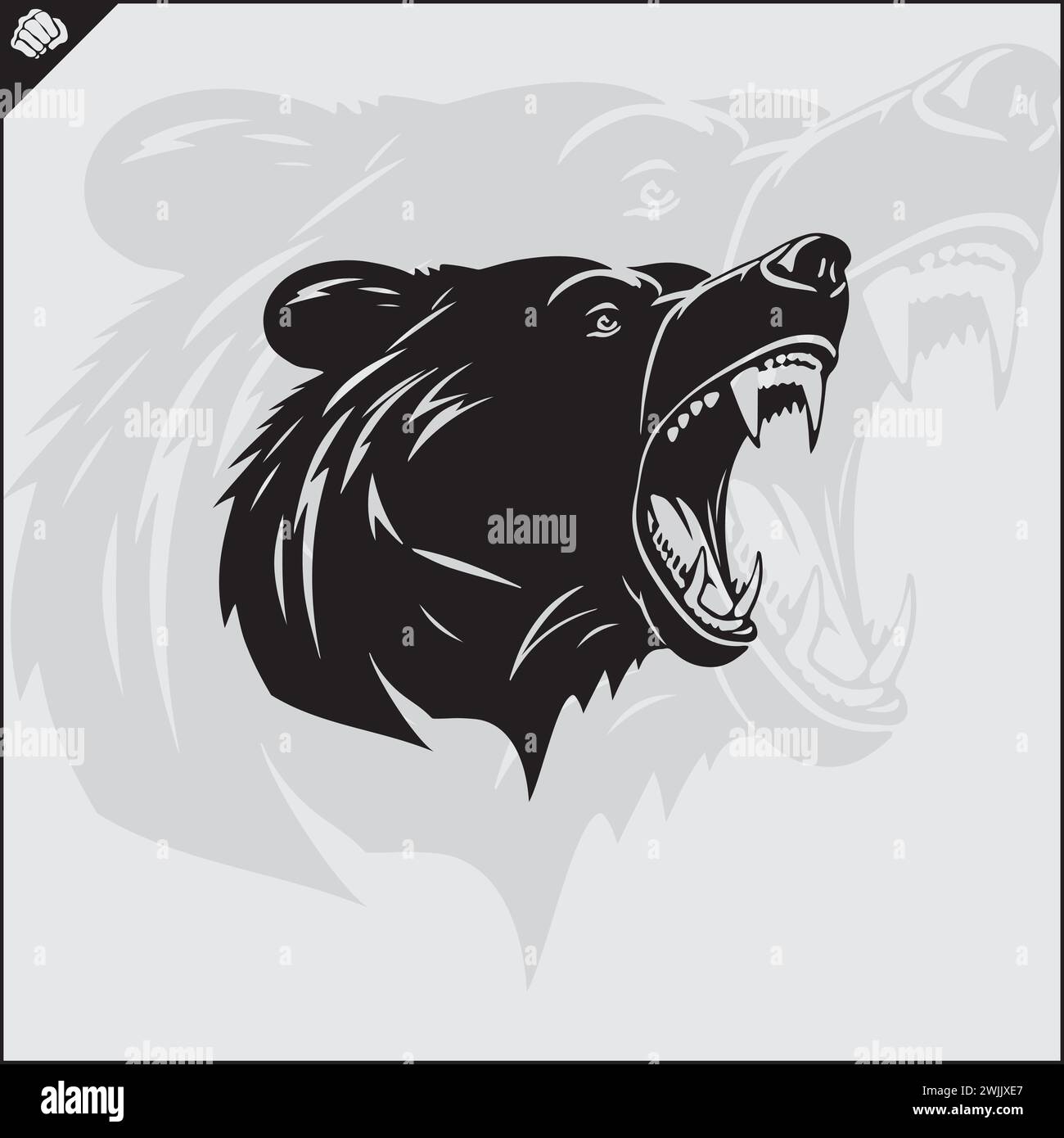 head of an aggressive bear, wide grinning evil mouth, silhouette, side ...