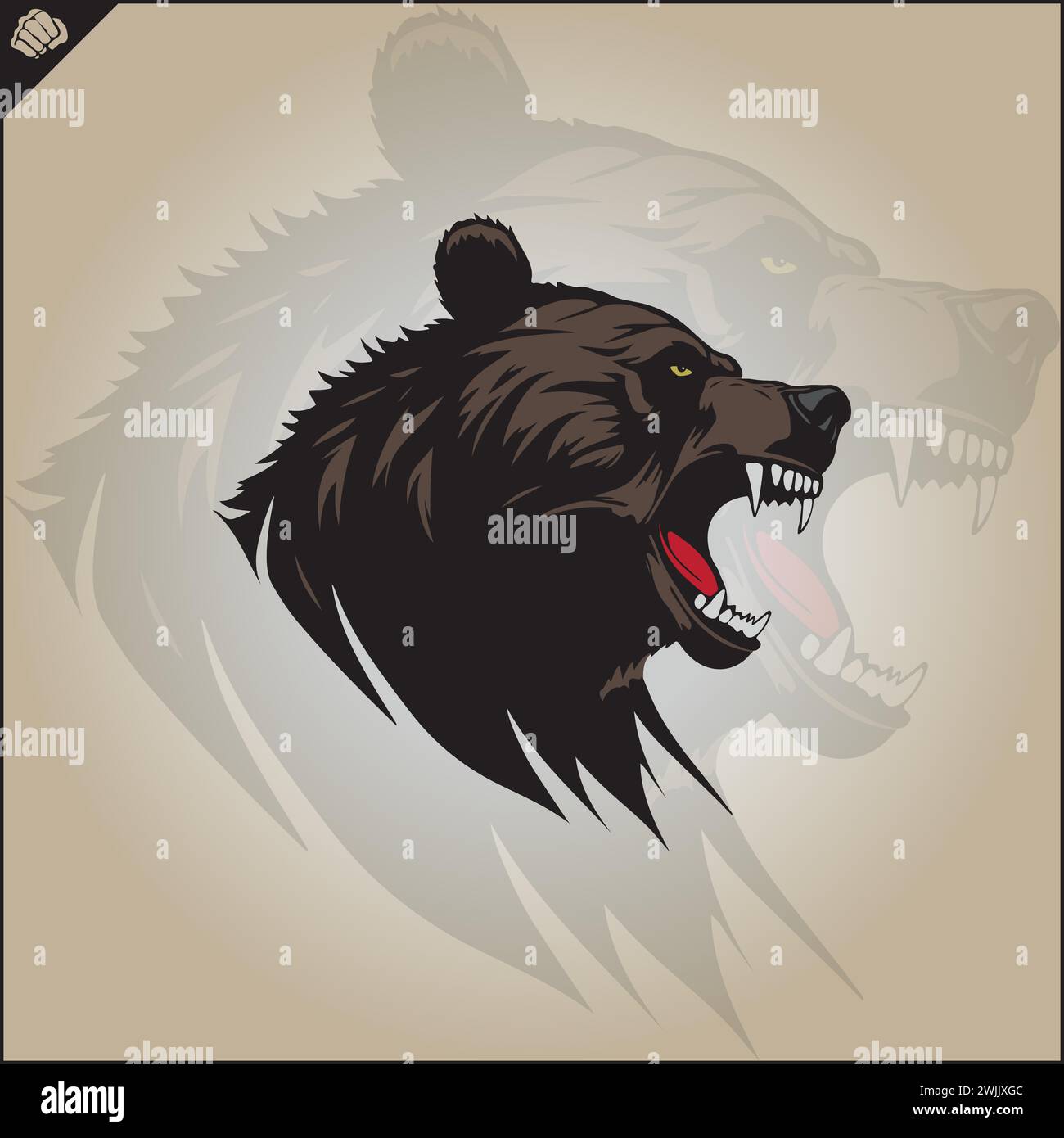 head of an aggressive bear, wide grinning evil mouth, silhouette, side view, looking up, stencil ...