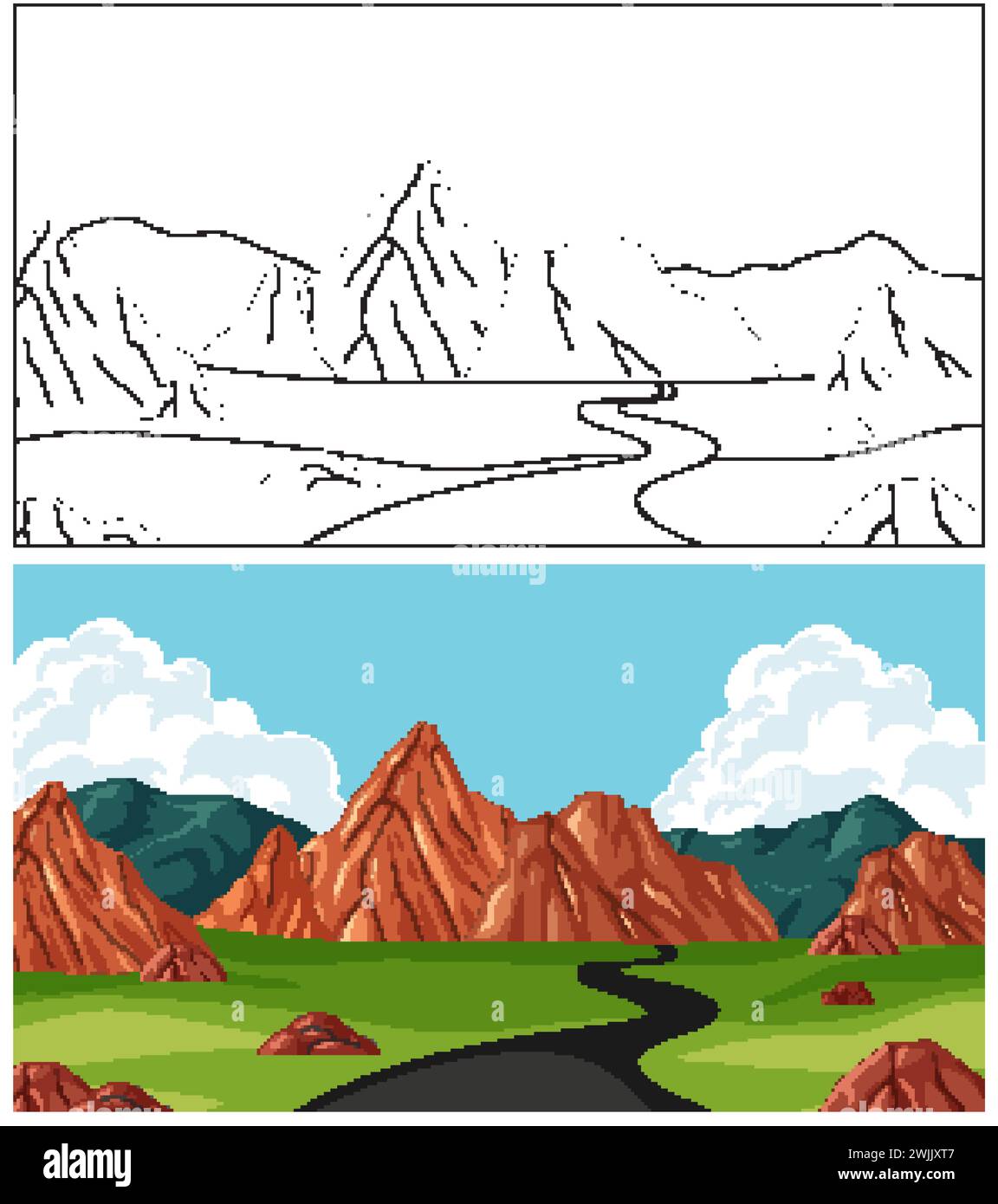 Colorful vector of mountains, road, and clouds Stock Vector Image & Art ...