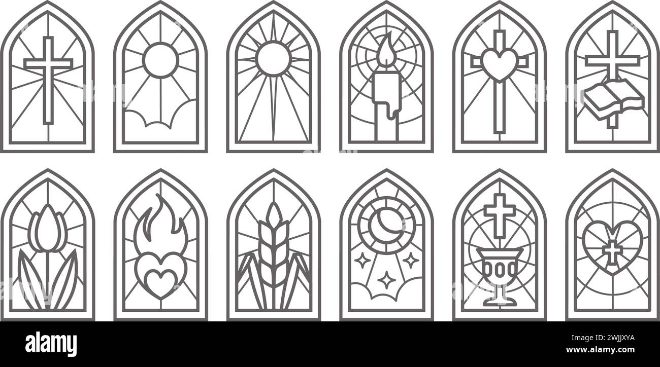 Church glass windows. Stained mosaic catholic and christian frames with ...