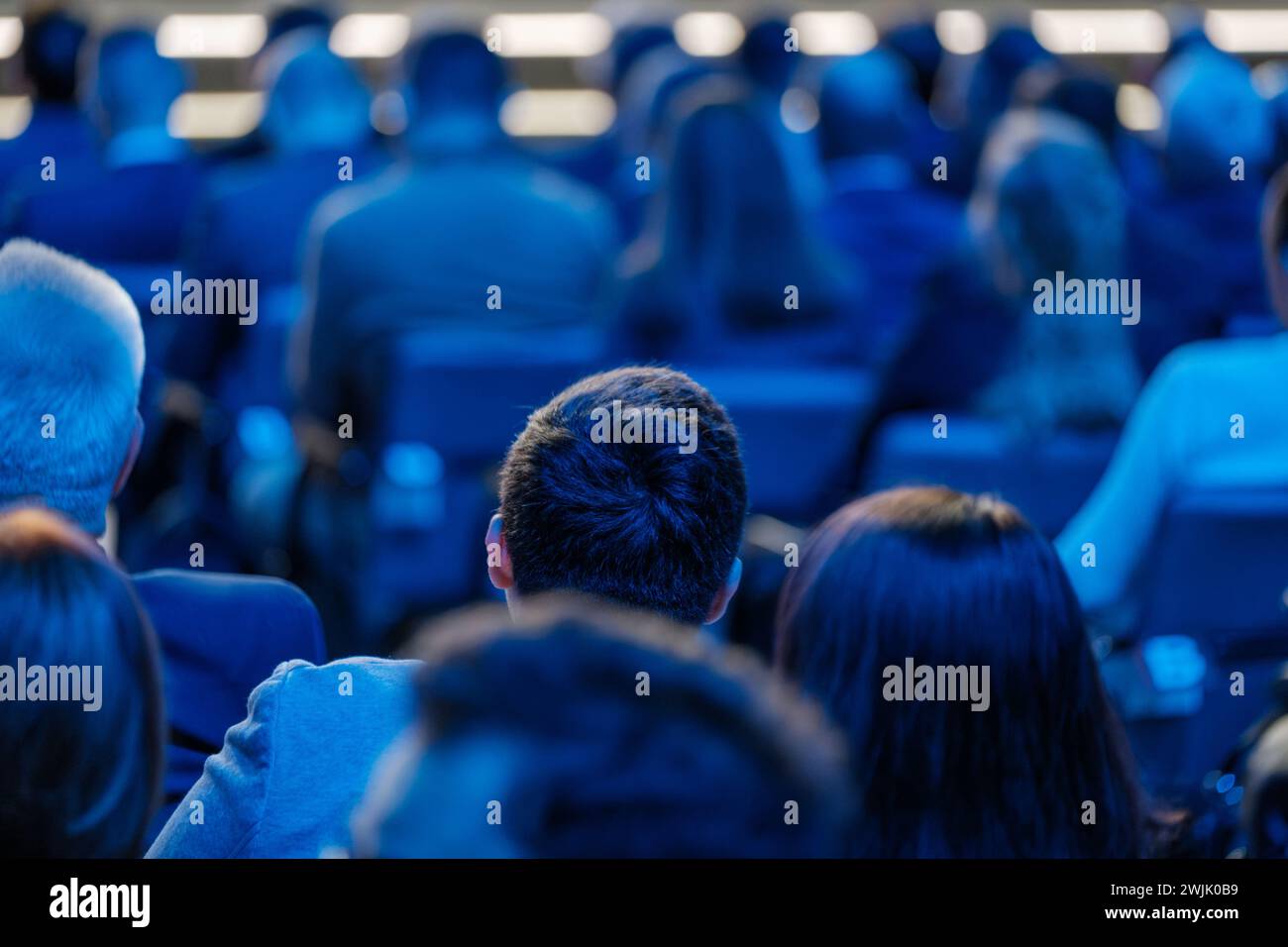 Back view of an engaged audience at a seminar, portraying learning and ...