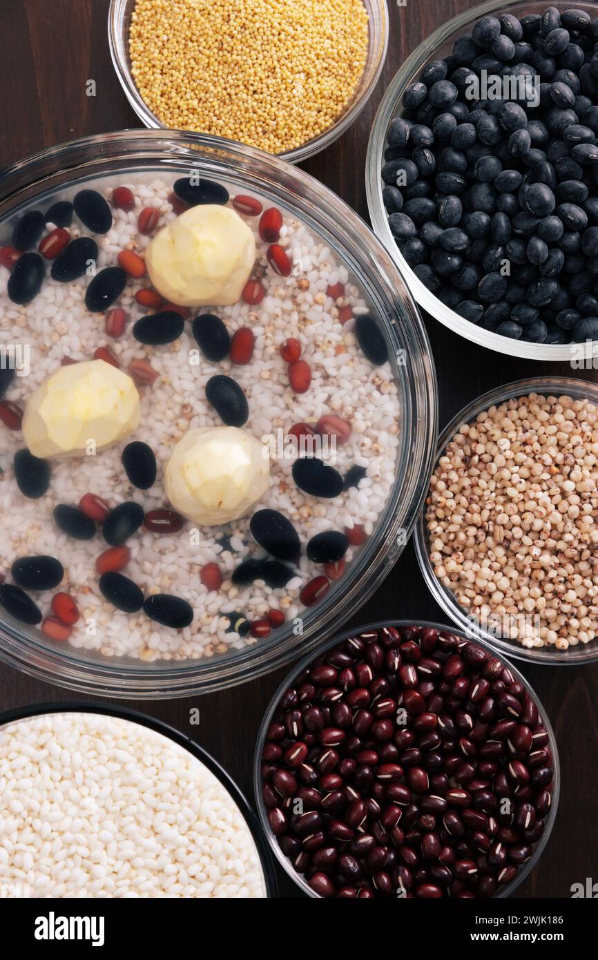 In a glass bowl, there are several mixed grains eaten during the New ...