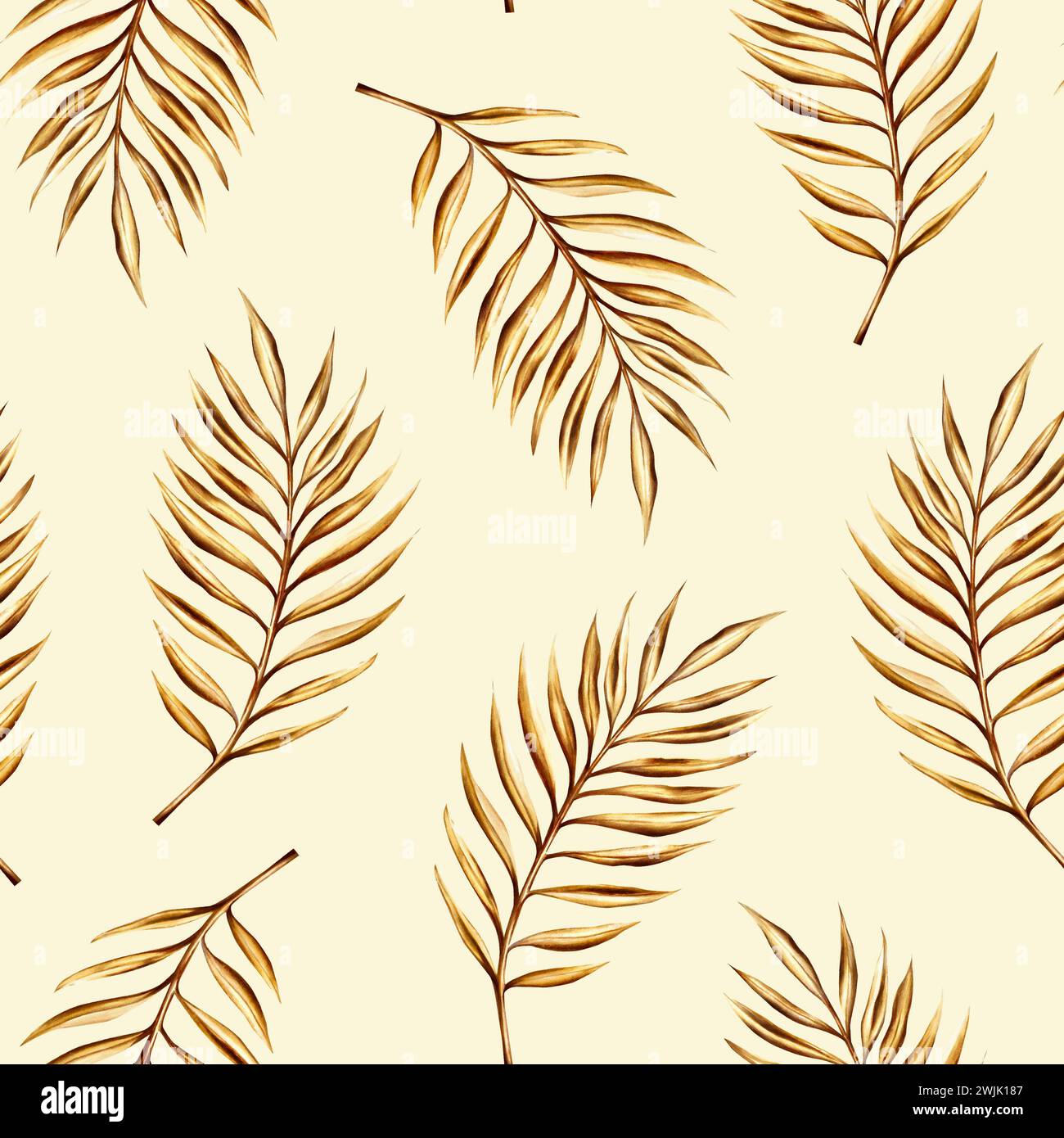 Watercolor seamless pattern with golden date palm branch illustration ...