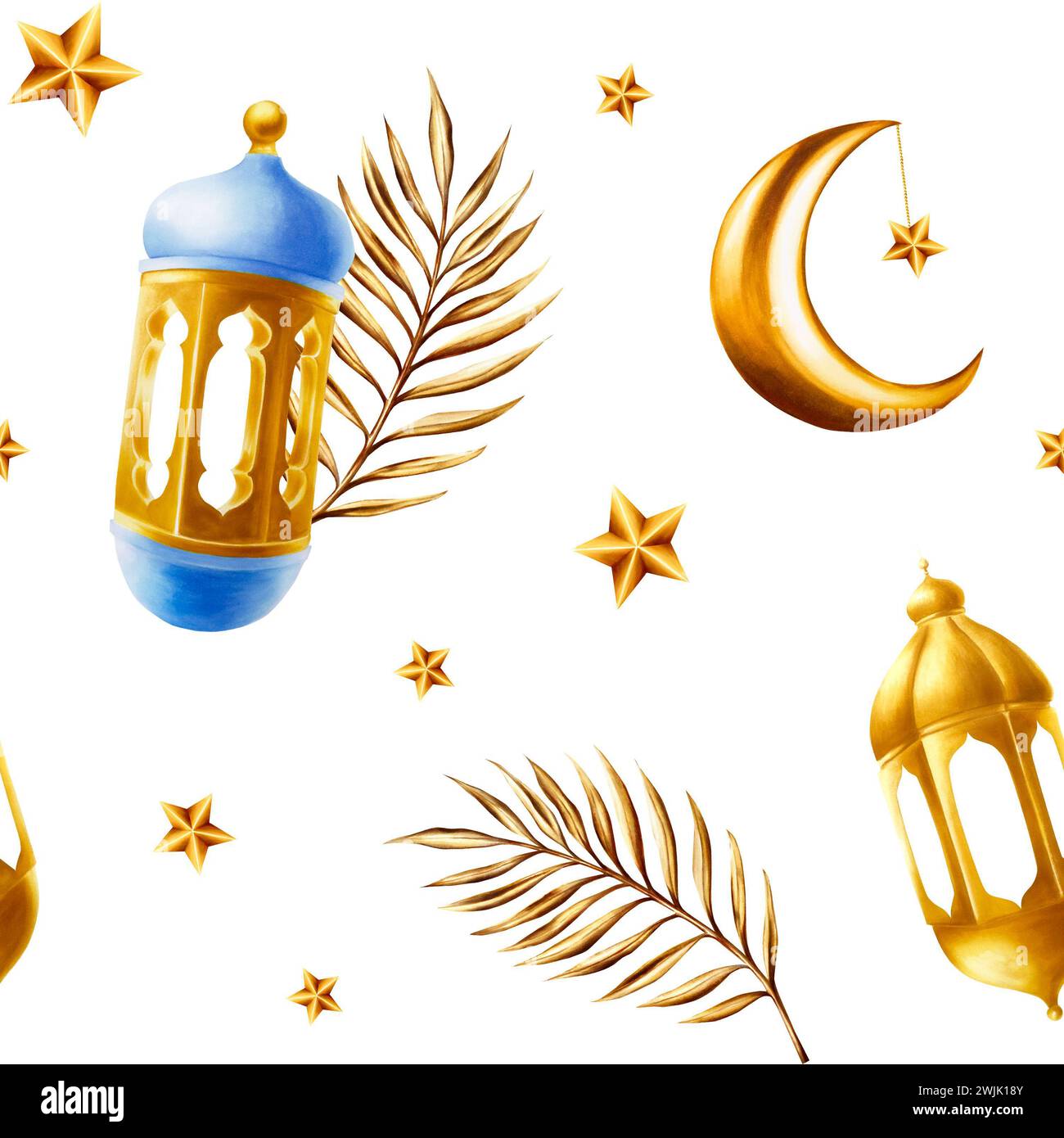 Watercolor seamless pattern with Islamic arabian golden crescent moon ...